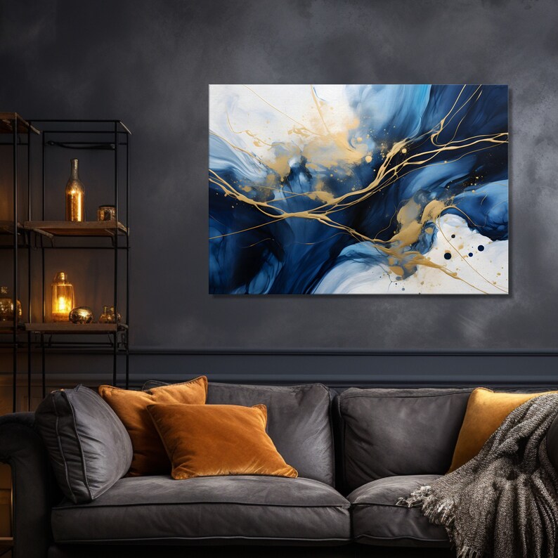 Contemporary Blue and White Abstract Wall Art With Gold Accents ...
