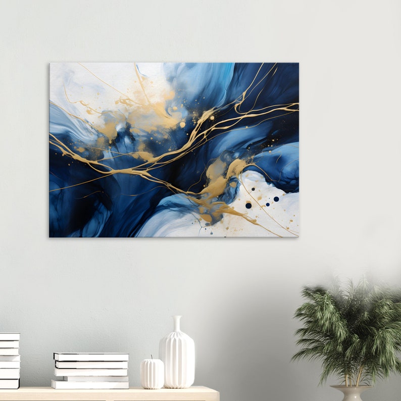 Contemporary Blue and White Abstract Wall Art With Gold Accents ...