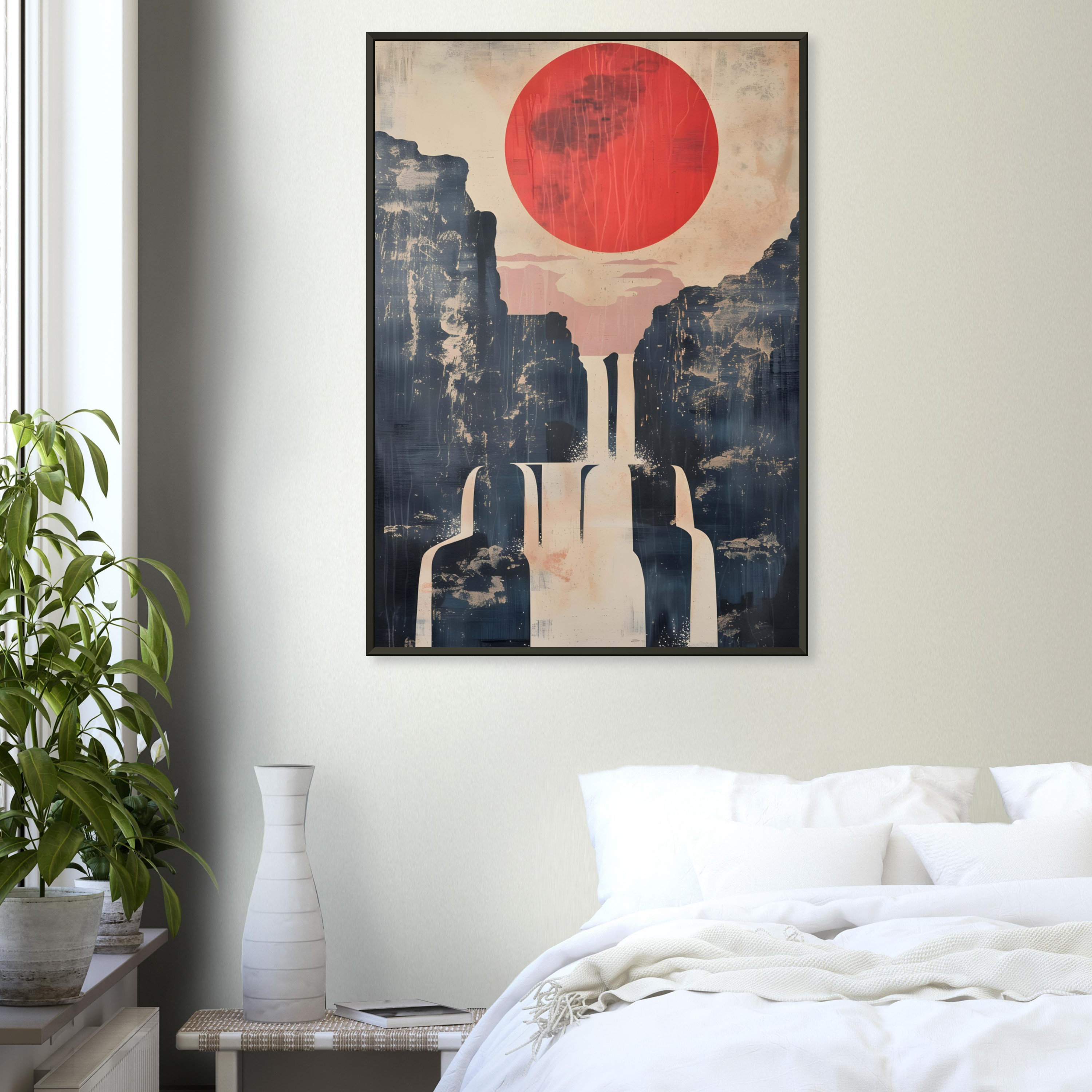 Japanese Japandi Inspired Printed Poster, Wall Art Featuring Waterfalls and a Red Sun. Modern ...