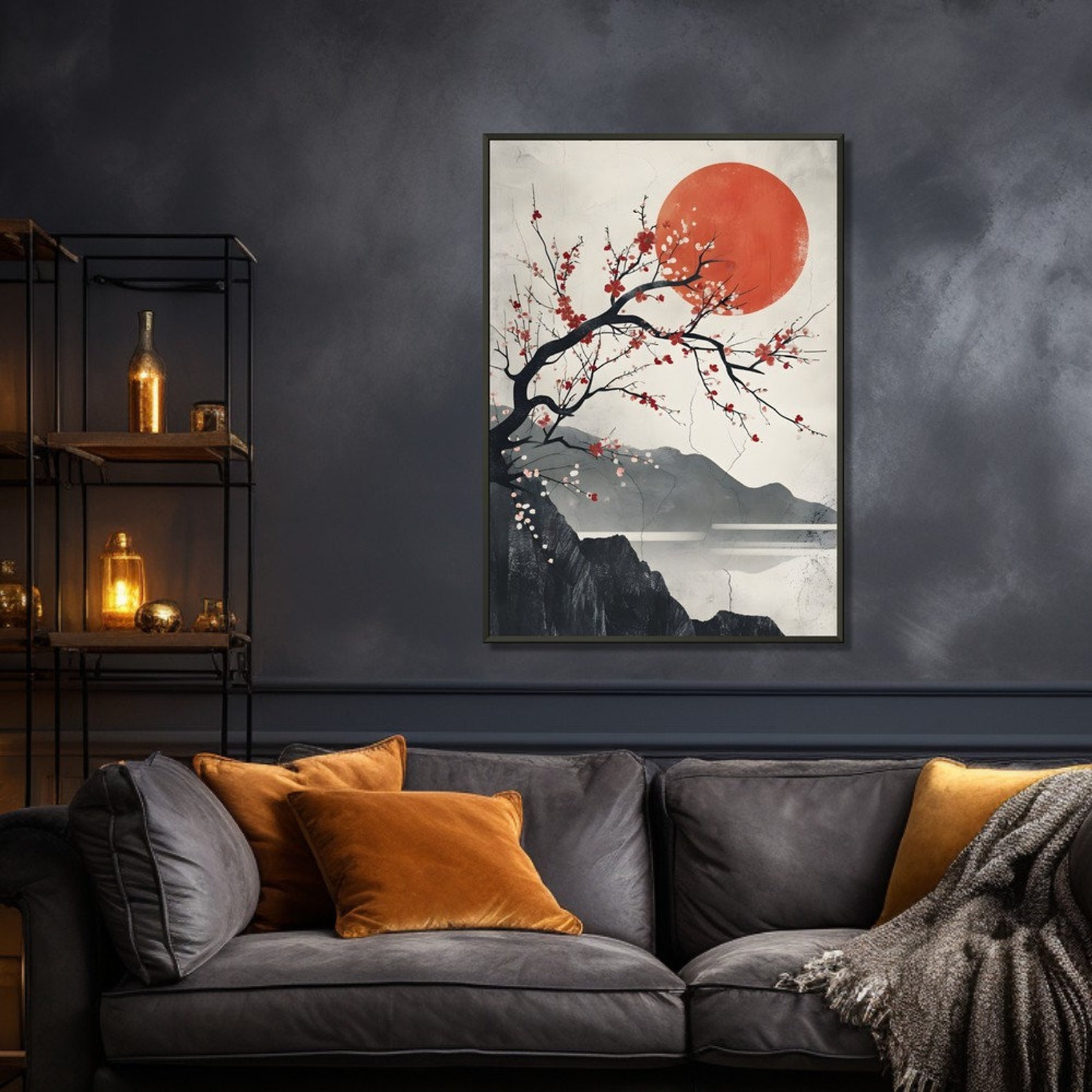 Japandi Wall Art, Japanese Inspired Wall Art, Sakura Bloom Decor, Red ...