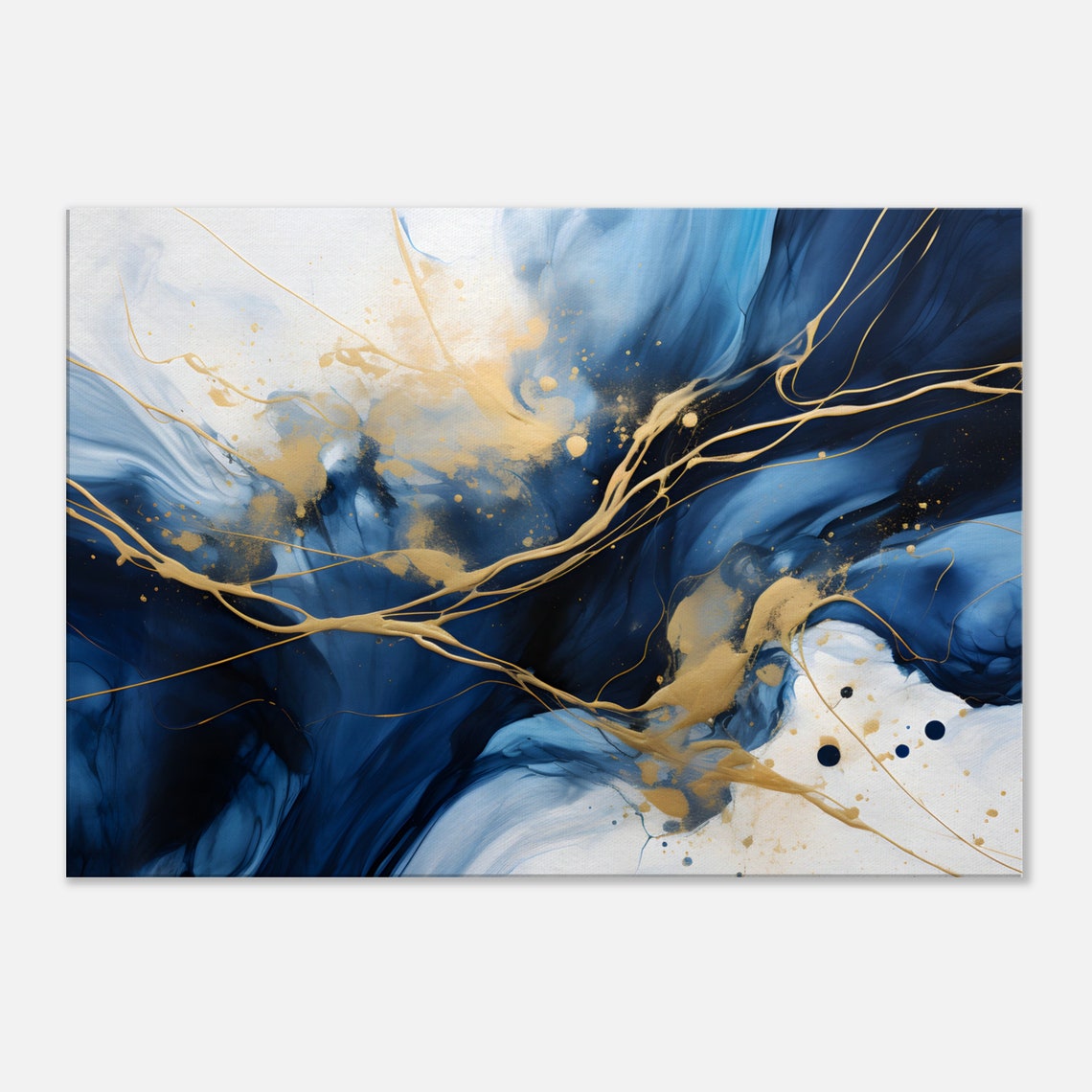 Contemporary Blue and White Abstract Wall Art With Gold Accents ...
