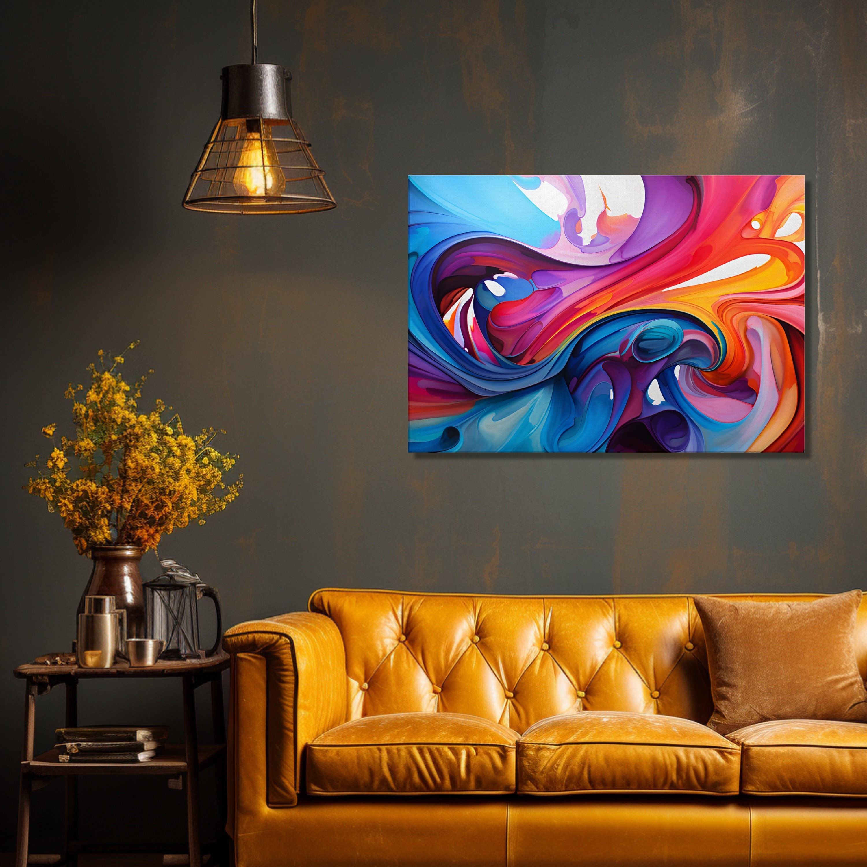 Abstract Wall Art Canvas, Colorful Modern Art, Vibrant Colors Colliding ...