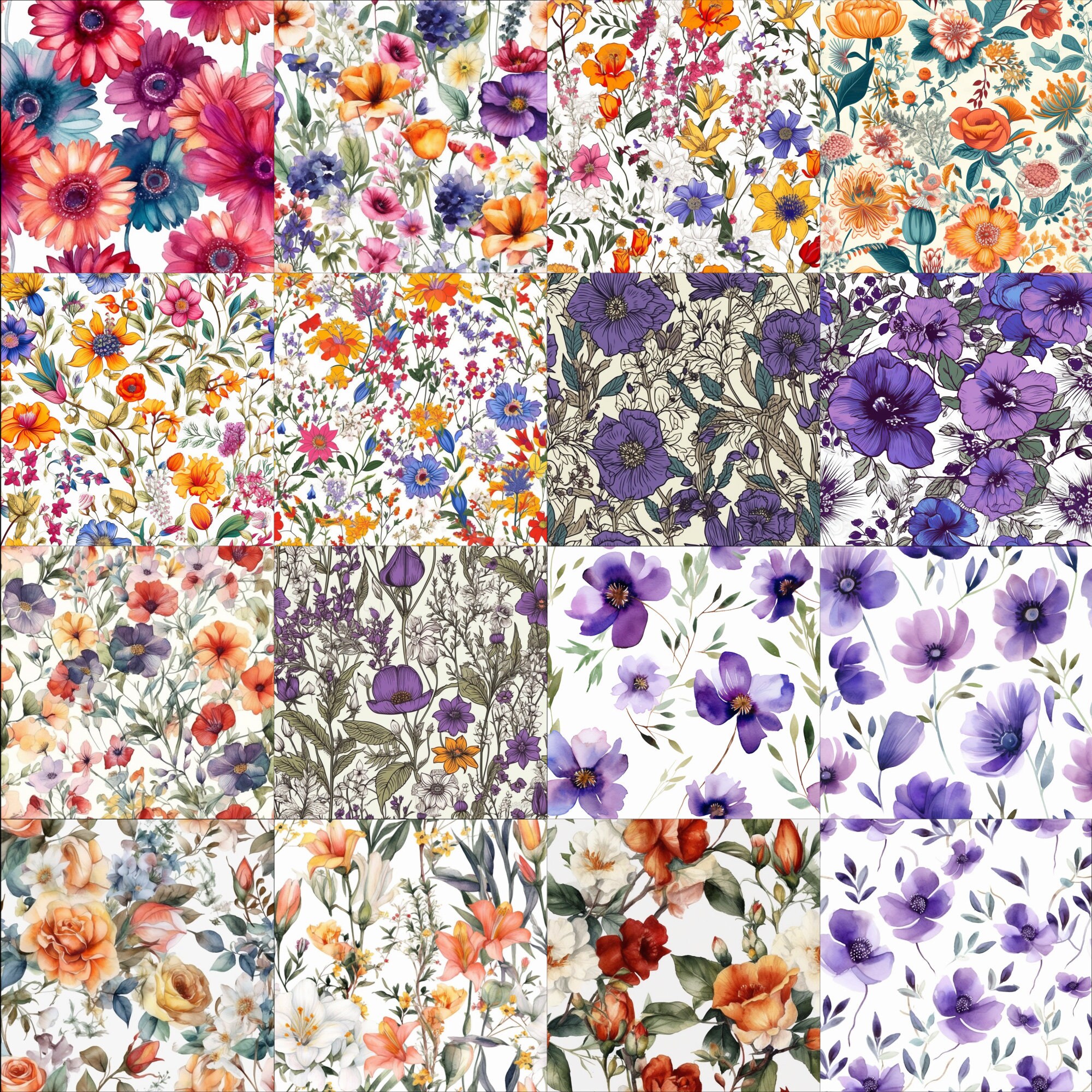 Seamless Digital Floral Patterns, White Background, 4096 X 4096 Pixels ...
