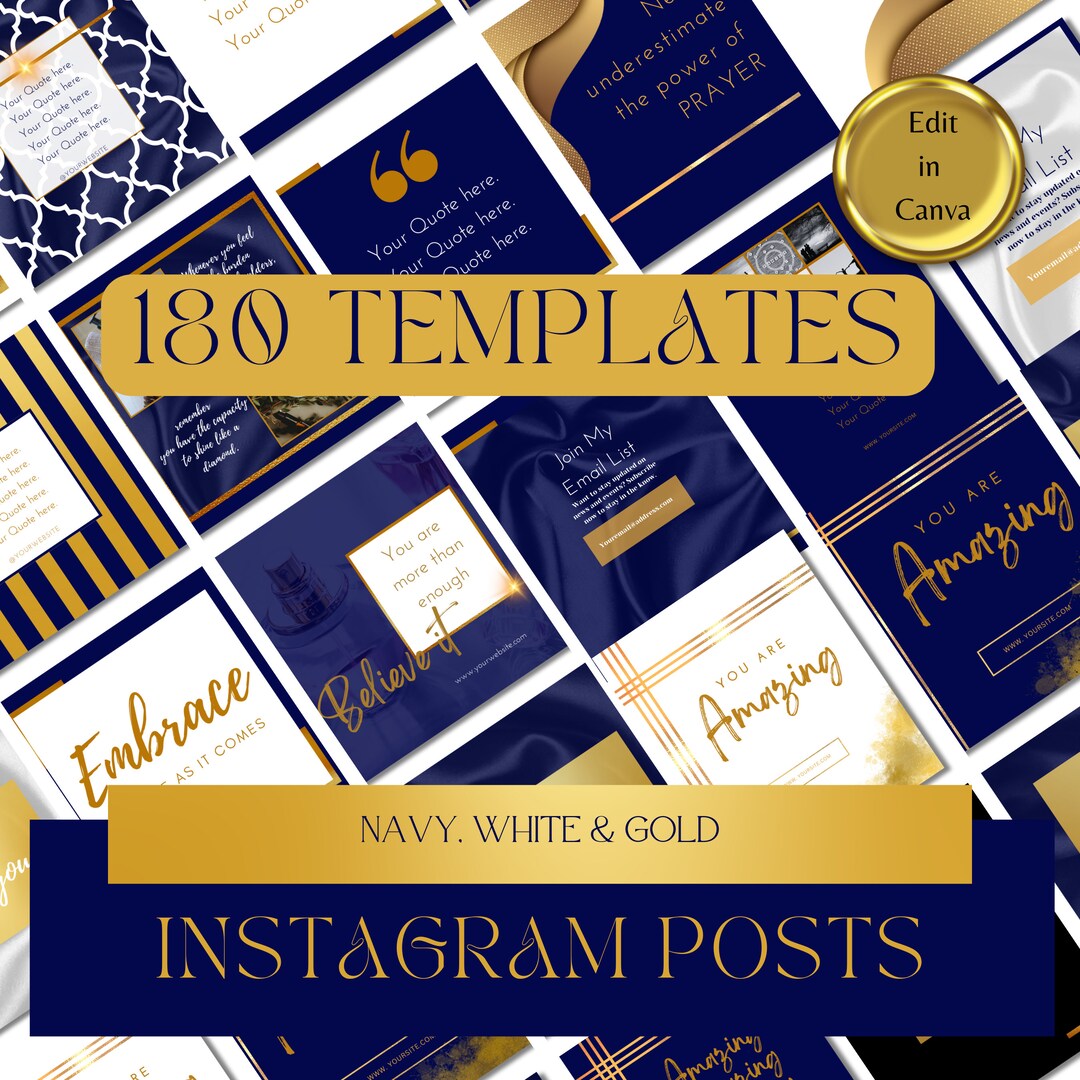 Brand Kit 180 Navy White Gold Instagram Social Media Templates Gold ...