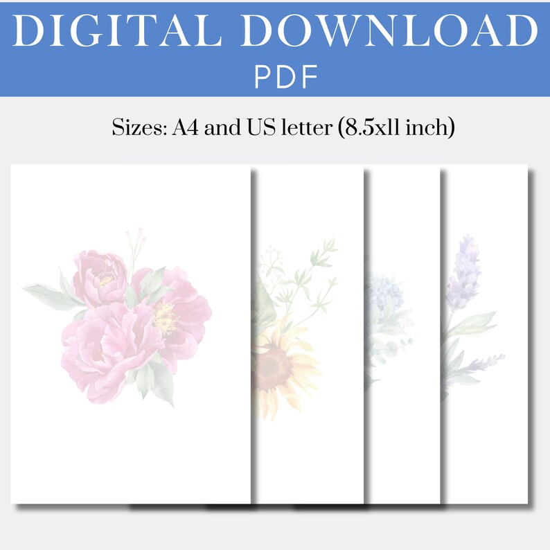 Printable Floral Stationary A4 Lined Paper Digital US Letter Writing ...