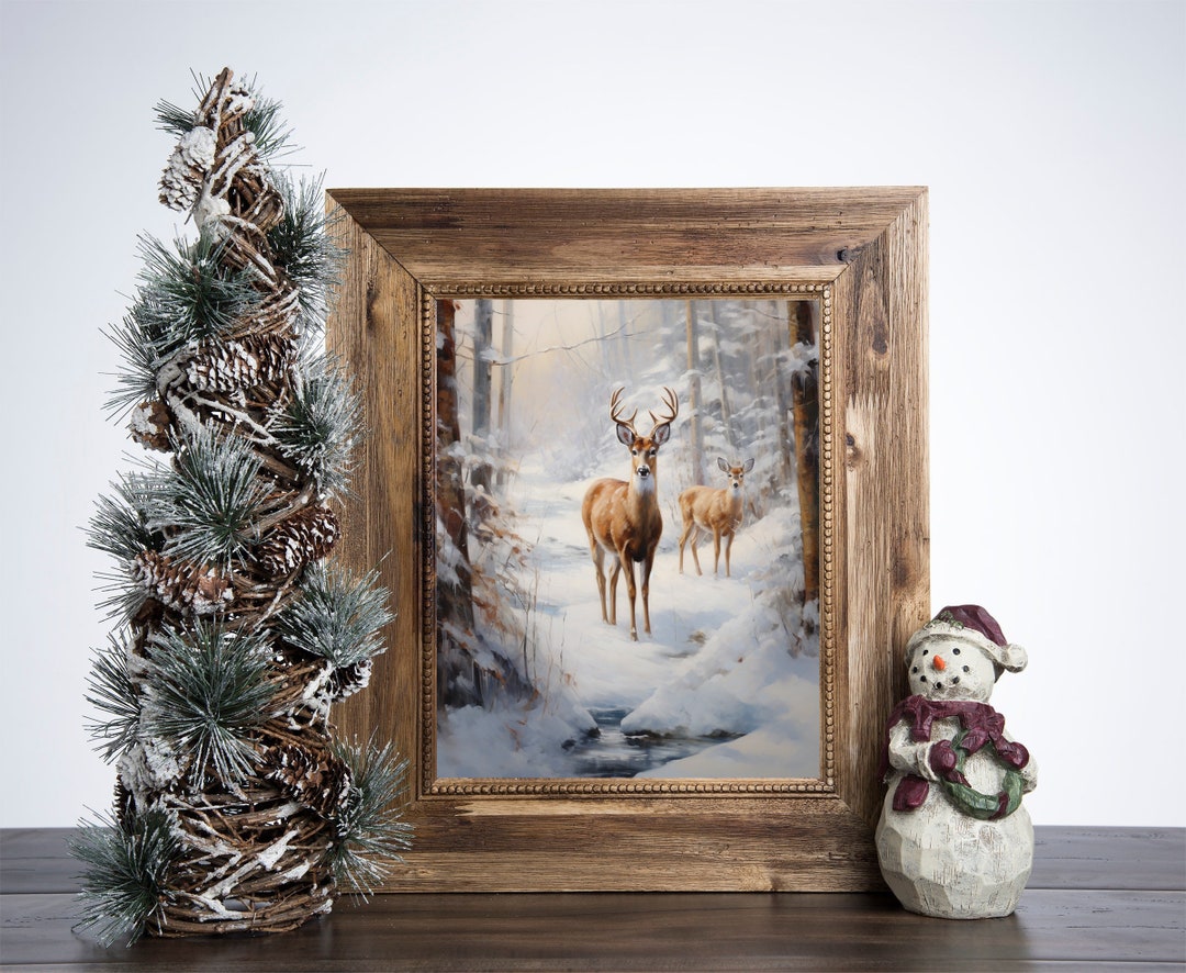 Snowy Forest Deer Poster, Christmas Deer Art, Xmas Decor Poster ...