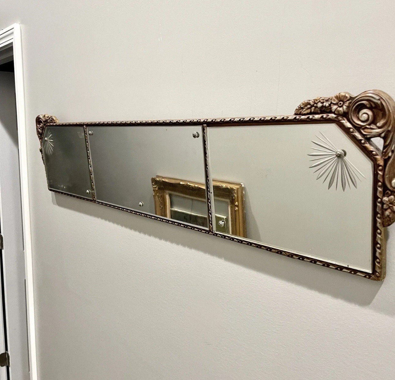 Ornate Antique Tri 3-panel Mantle Buffet Floral Etched Wall Mirror Wood Gesso - Etsy