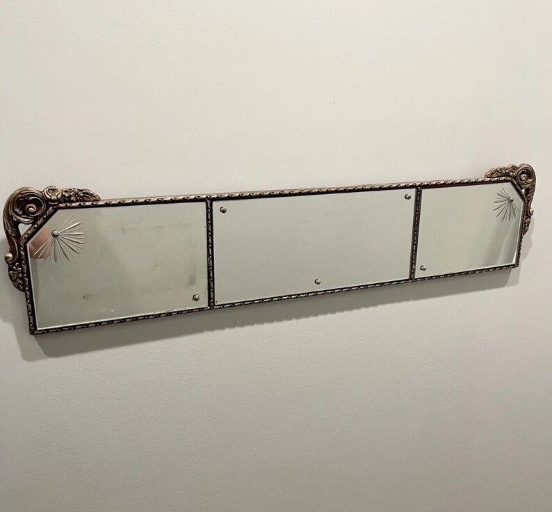 Ornate Antique Tri 3-panel Mantle Buffet Floral Etched Wall Mirror Wood ...