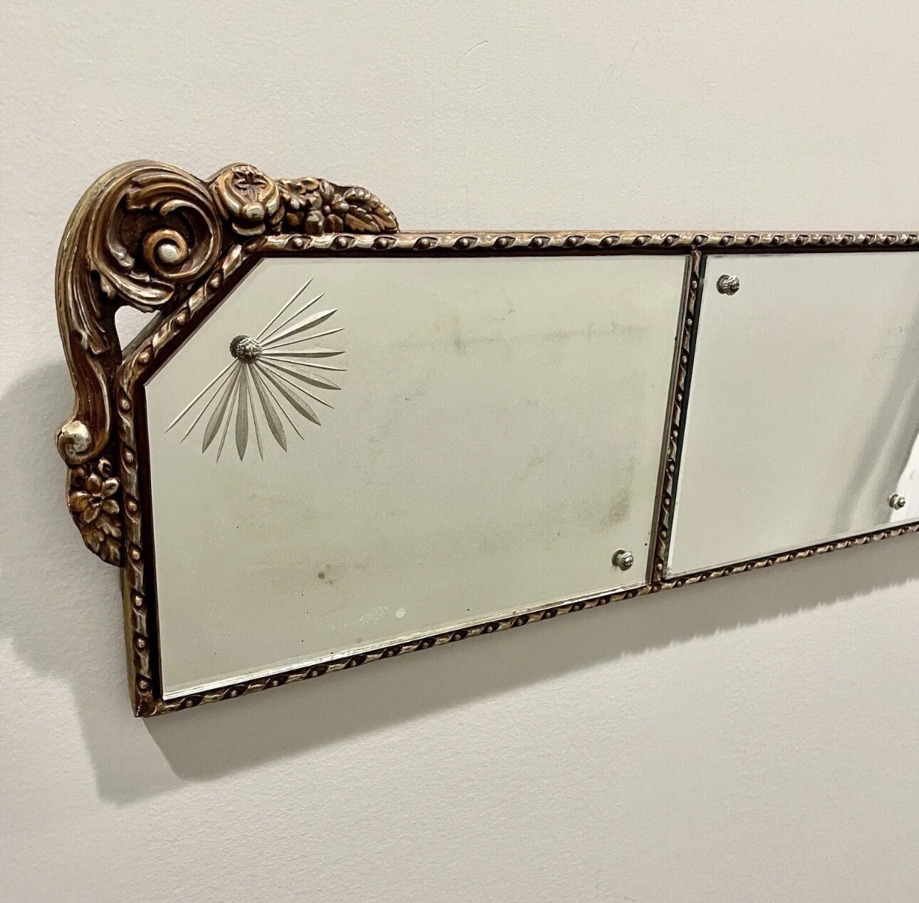 Ornate Antique Tri 3-panel Mantle Buffet Floral Etched Wall Mirror Wood ...