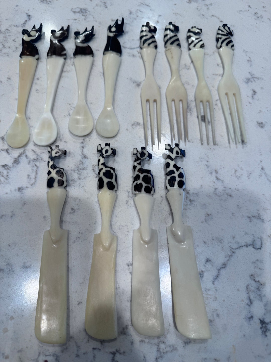 VTG Service Fr 4 Hand Carved Batik Utensils Zebra Fork Giraffe Knife ...