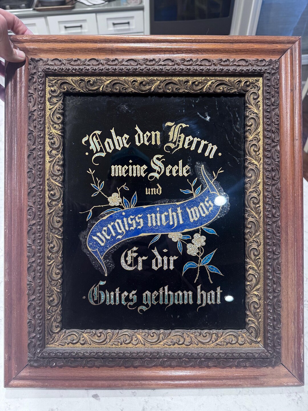 Antique Victorian Era Foil Reverse Print German Proverb on Glass Ornate ...