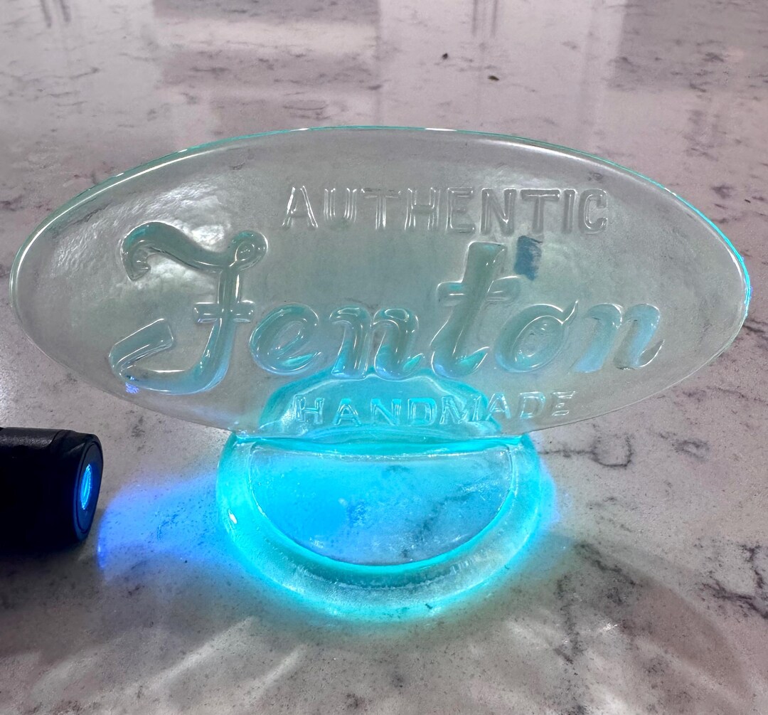 VTG Carnival Vaseline Uranium Blue Glass Fenton Dealer Display Logo ...