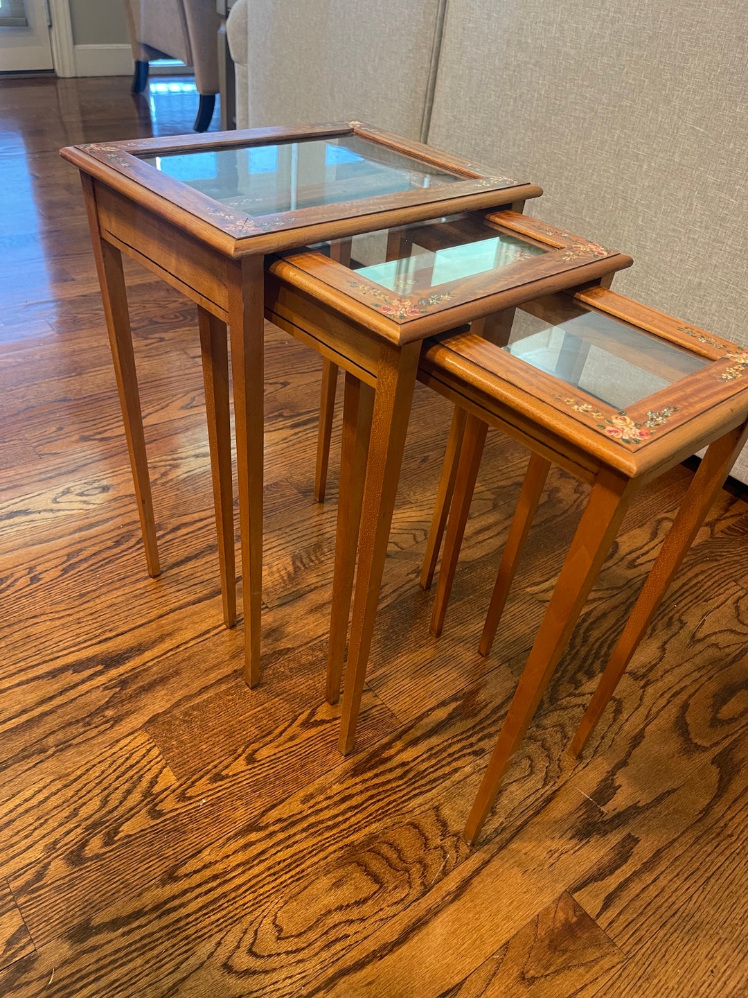 Antique Wood Nesting Tables With Glass and Hand Painted Top Pencil Post ...