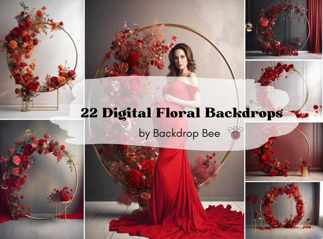 22 Red Floral Ring Digital Backdrops, Red Floral Hoop Backdrops ...