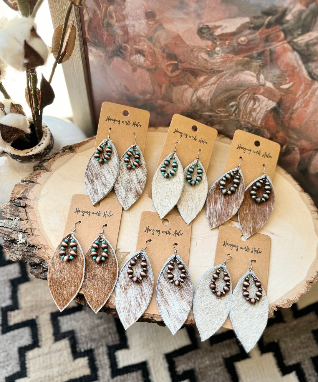 Cowhide Leaf Earrings, Real Hair on Hide, 6 Styles, Western Fashion ...