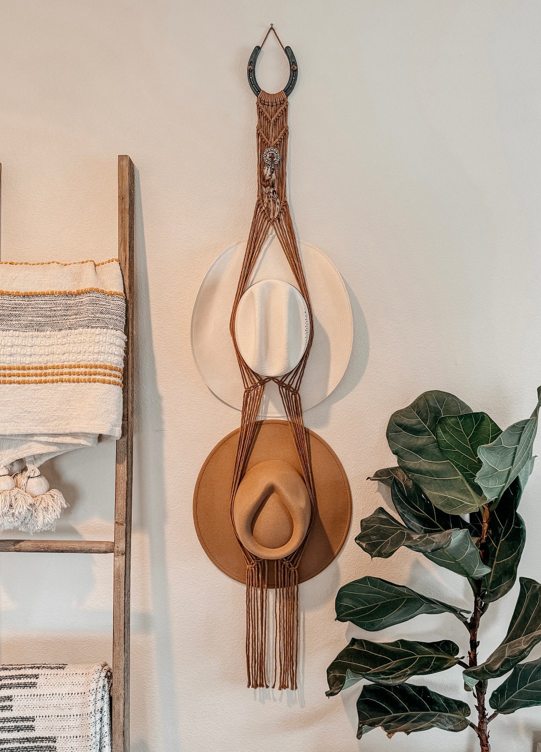 Western Macrame Horseshoe Double Hat Hanger tobacco, Macrame Decor ...