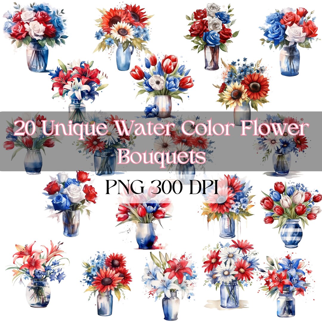 Patriotic Watercolor Floral Bundle - 20 Red, White, and Blue Flowers - Etsy