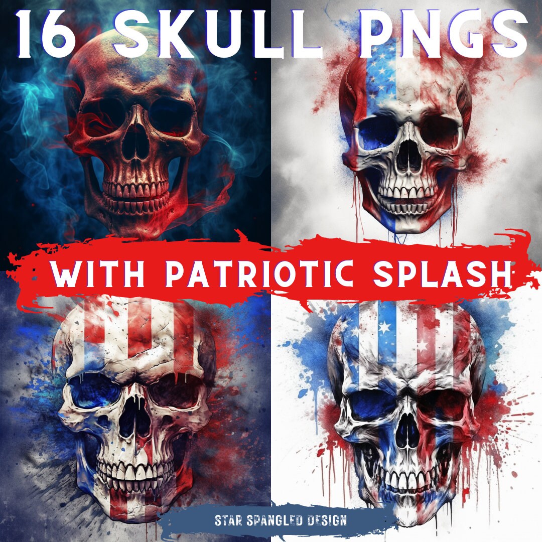 16 PNG Patriotic Skull Art Bundle Digital Download! AI Generated Images of Skulls Infused With ...