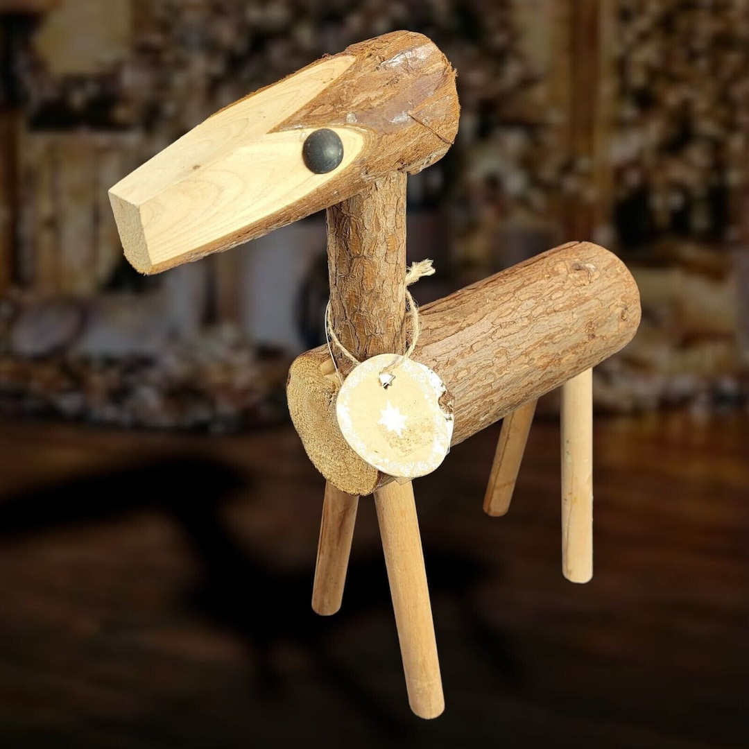 Wood Christmas Reindeer Carved Log Figurine Rustic Primitive Statue ...