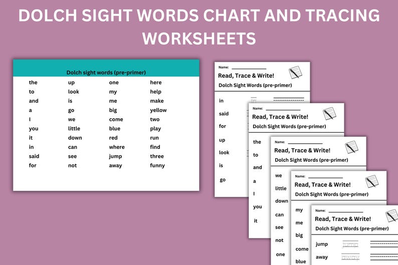 Dolch Sight Words Chart and Worksheet Bundle Set PDF Download (pre ...