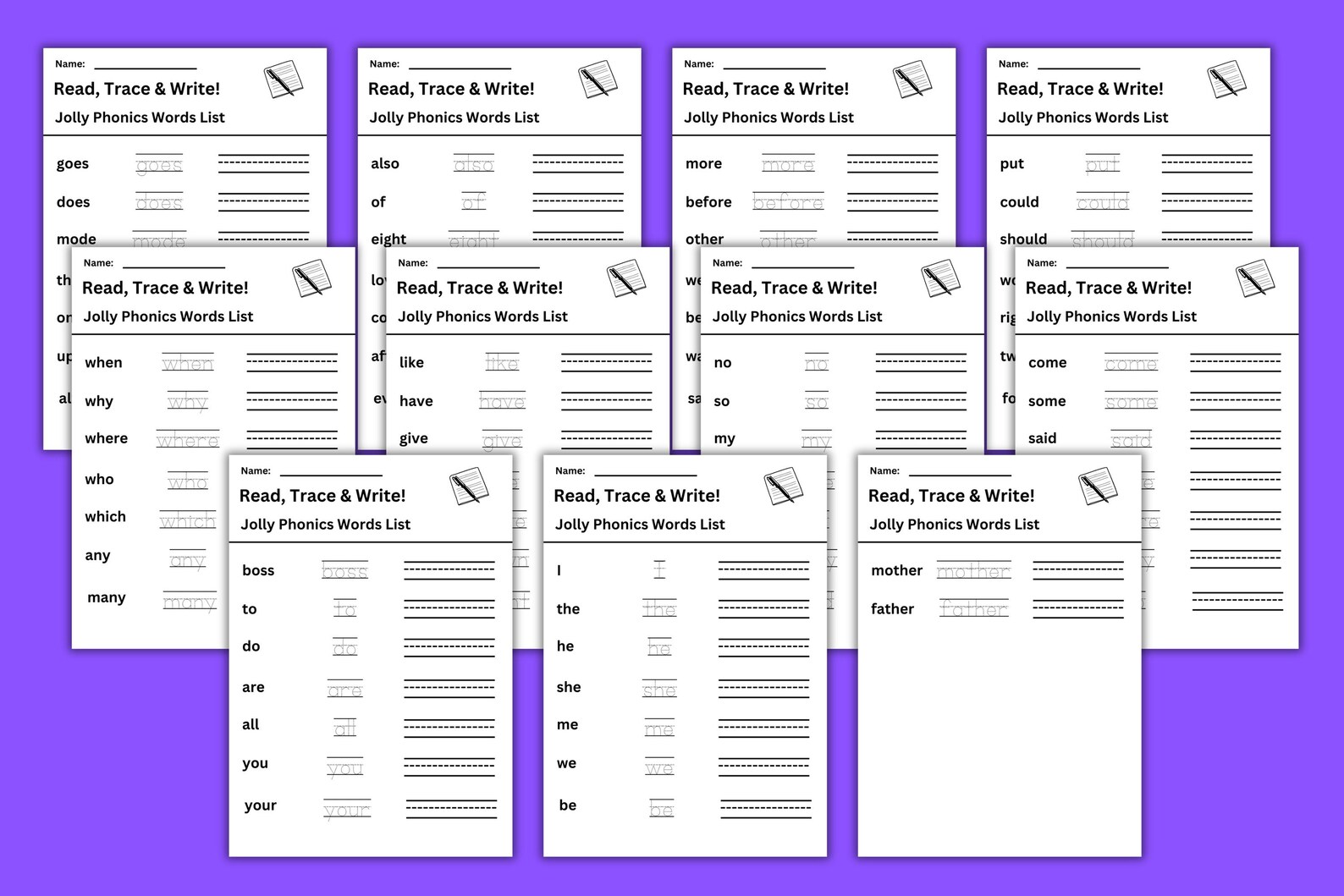 Jolly Phonics Tricky Words Chart and Tracing Worksheet Bundle Set PDF ...