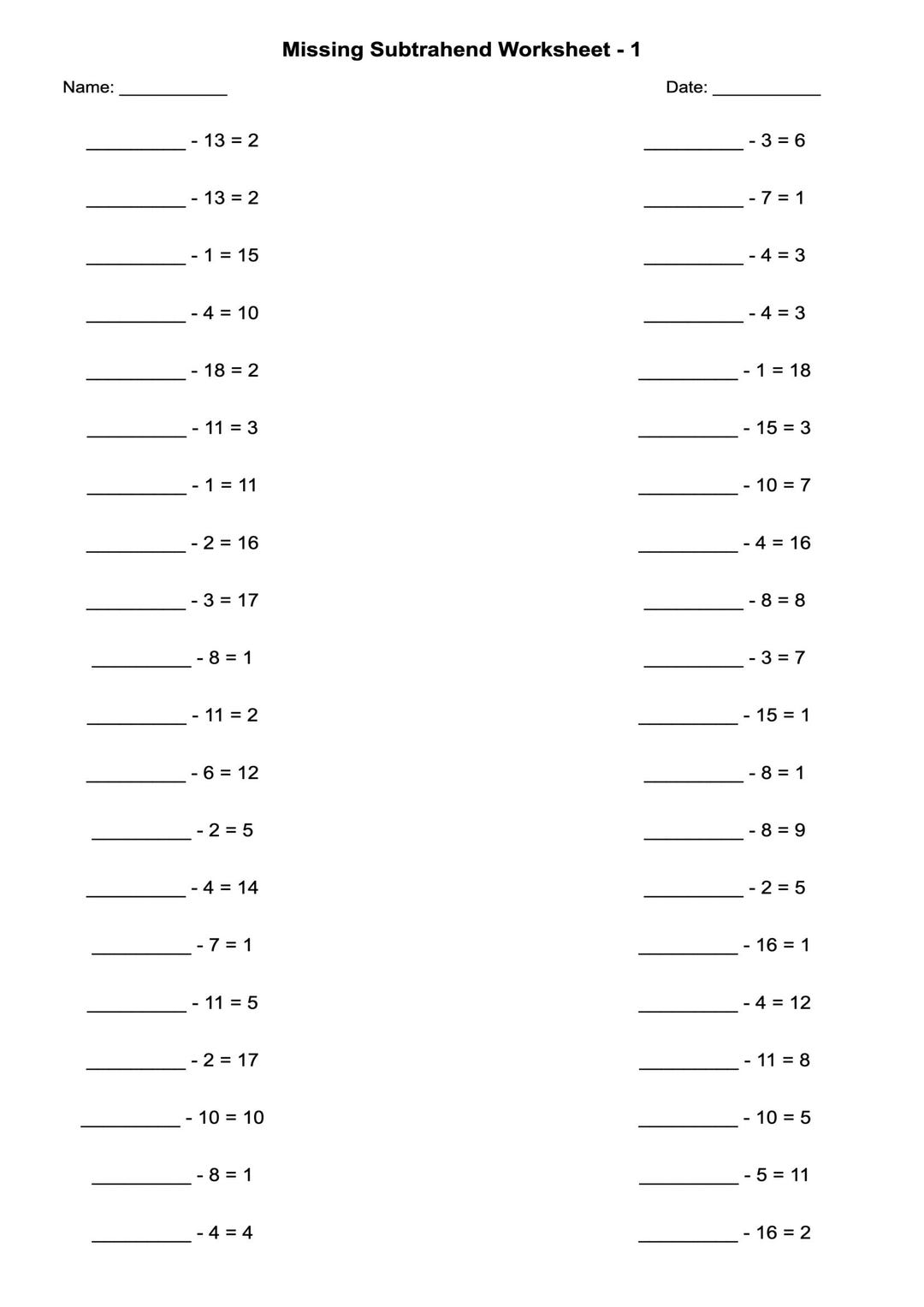 Missing Subtrahend Worksheets (100 Pages) 1 to 20 Numbers | PDF ...