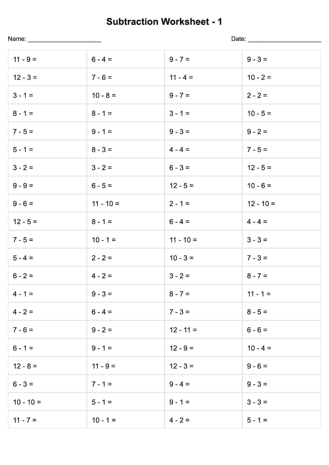 Subtraction Worksheet 1-12 Numbers (200 Pages) | Single Digit Add Math ...