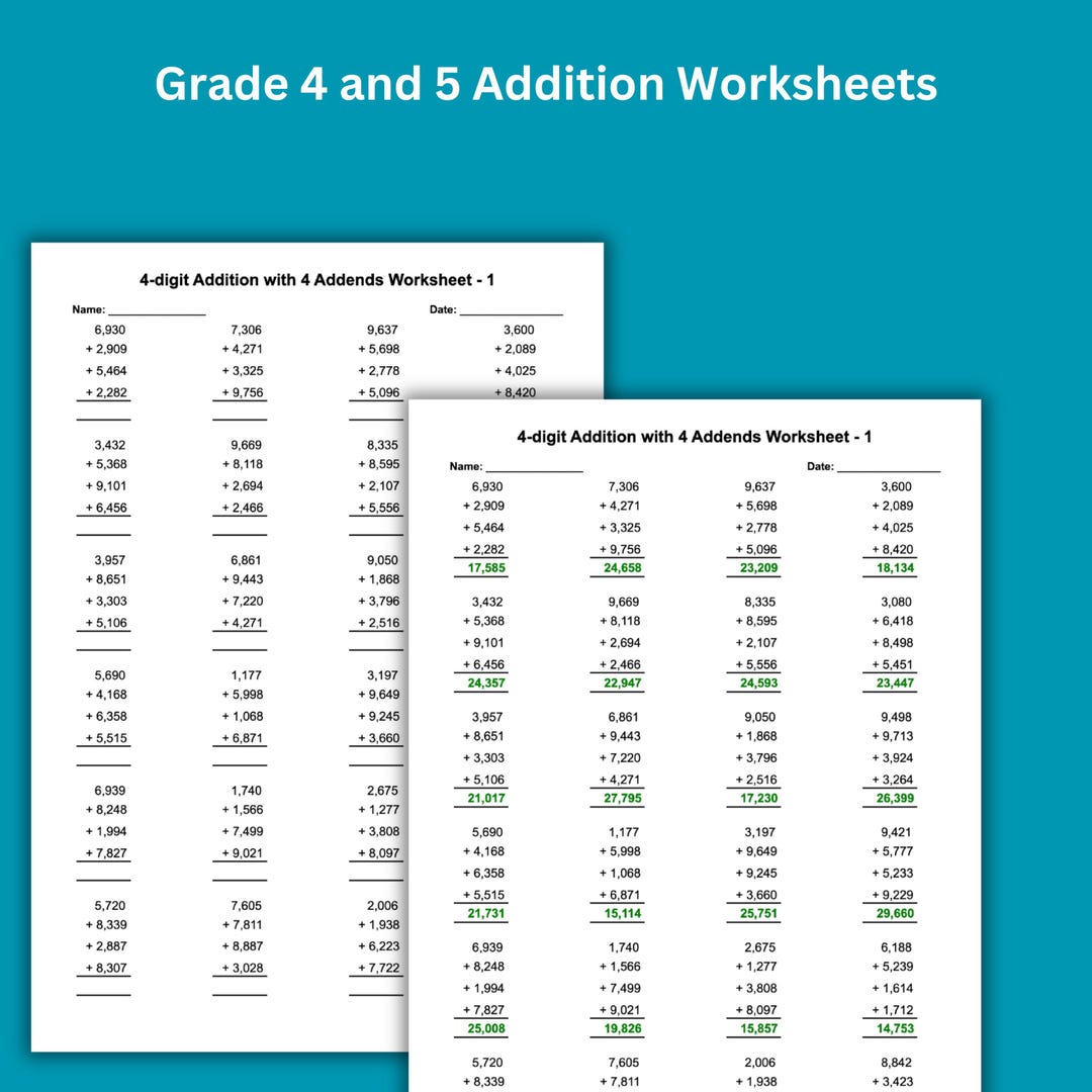 Grade 4 and 5 Addition Worksheets With Answers PDF Download Instant ...