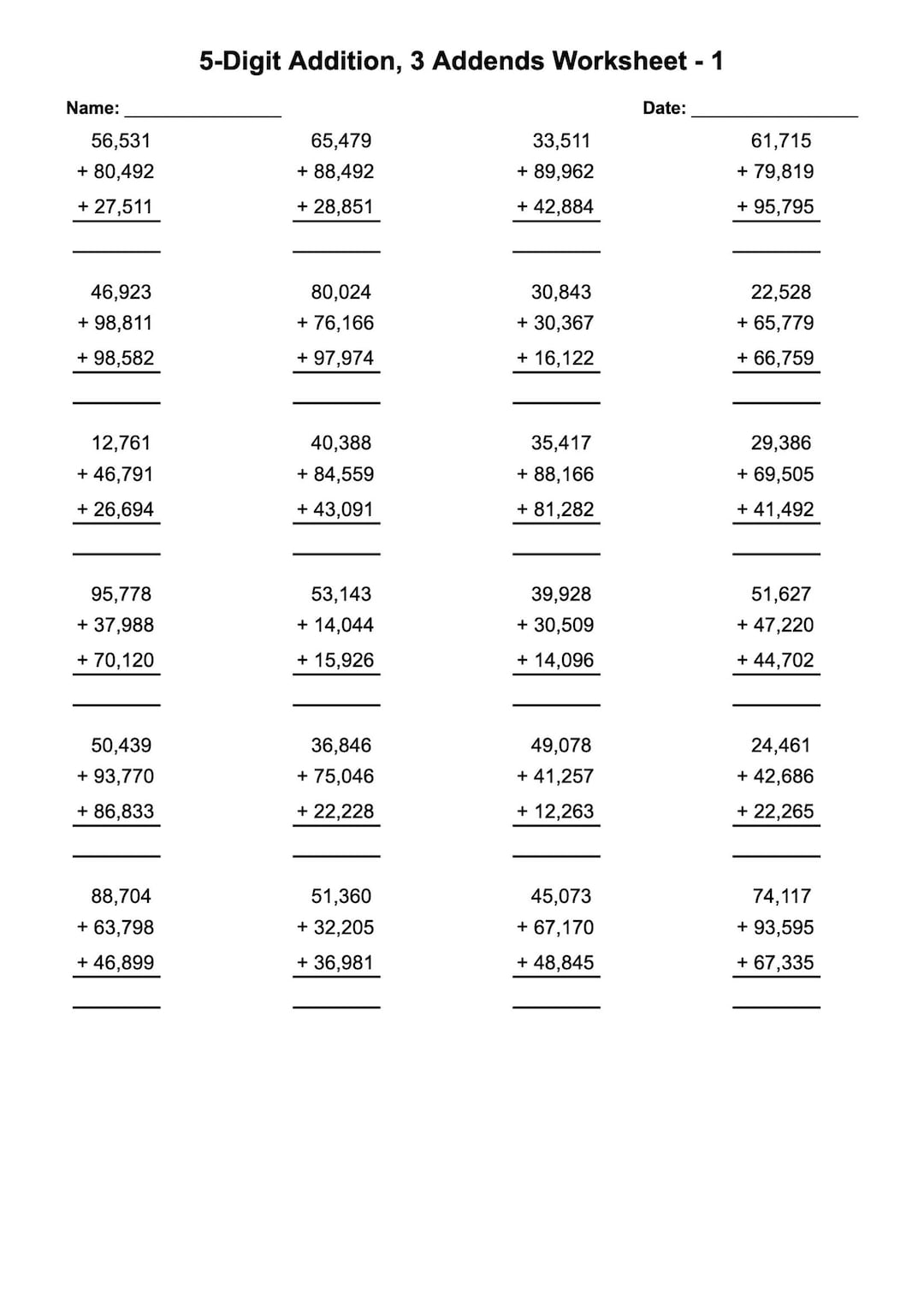 100 5-digit Addition Worksheets With 3 Addends With Answers PDF Instant ...