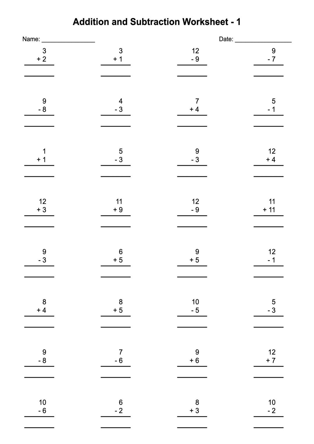 Mix Addition and Subtraction Worksheet (1-12 Numbers) 100 Pages | Add ...