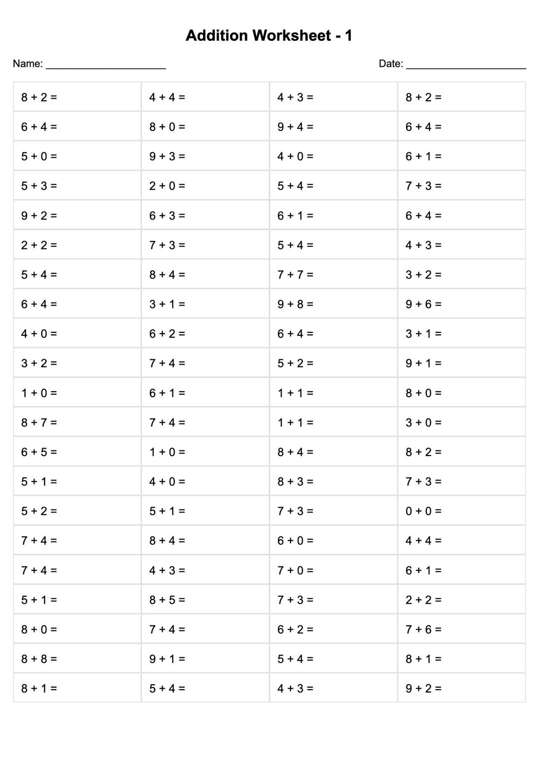 200 Addition Worksheet 0-9 Numbers | Single Digit Add Math Worksheet ...