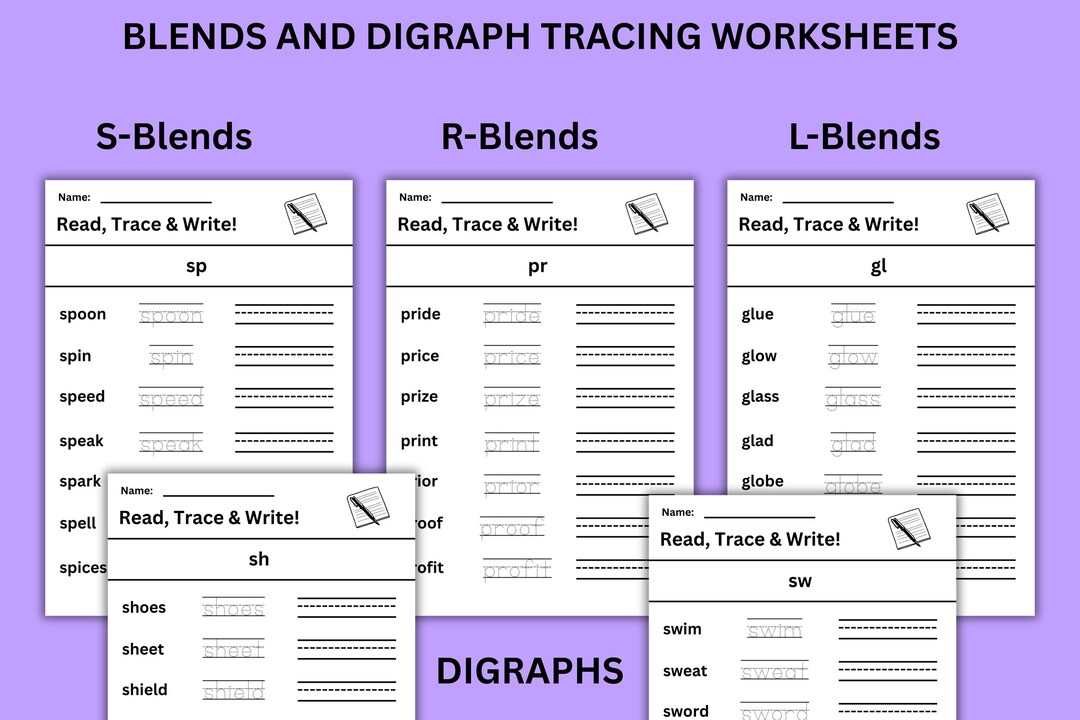 Phonics Blends & Digraphs Tracing Worksheets: Homeschool Spelling (PDF ...