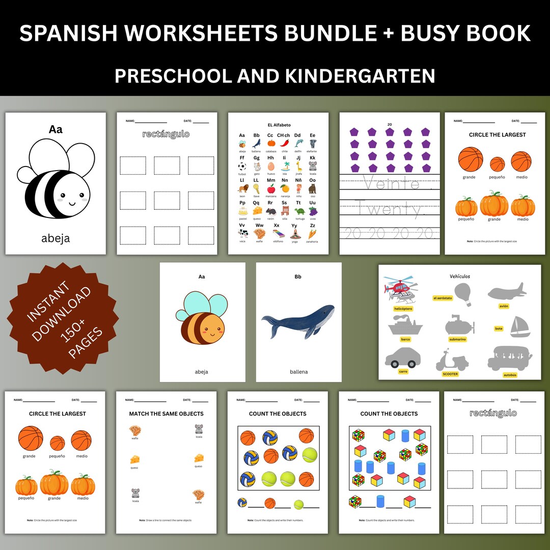 Spanish Worksheets Bundle and Busy Book Preschool Kindergarten Prek 150 ...