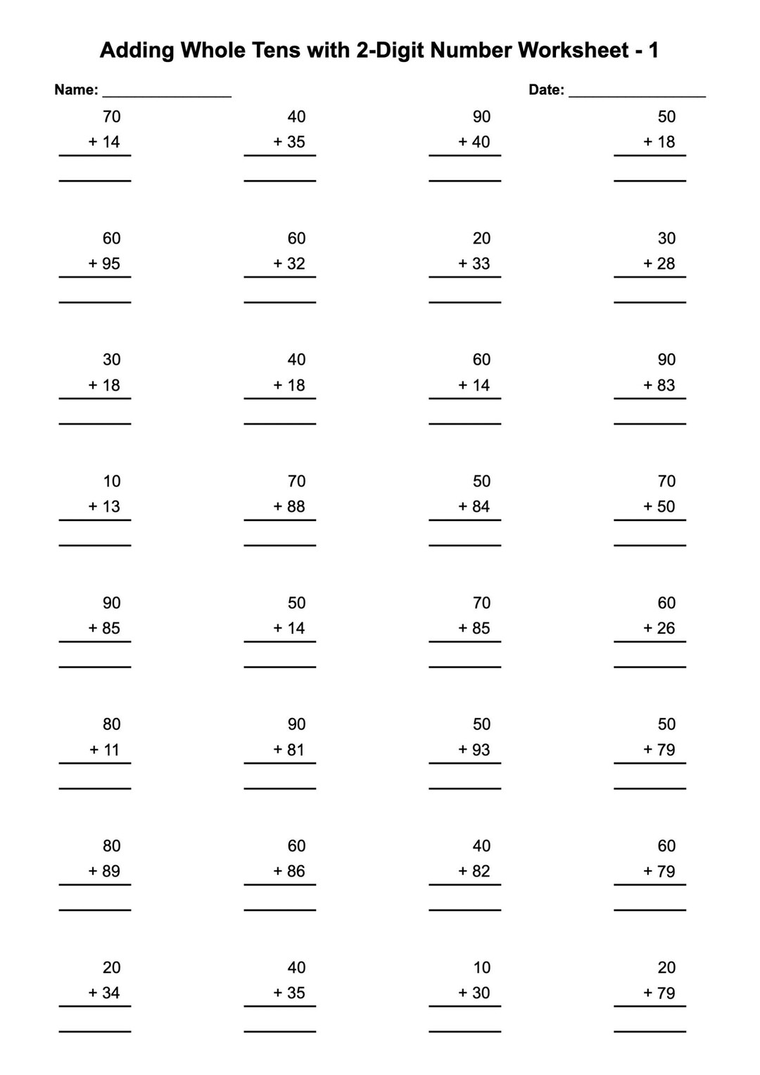100 Adding Whole Tens With 2-digit Worksheets | Addition Worksheets PDF ...
