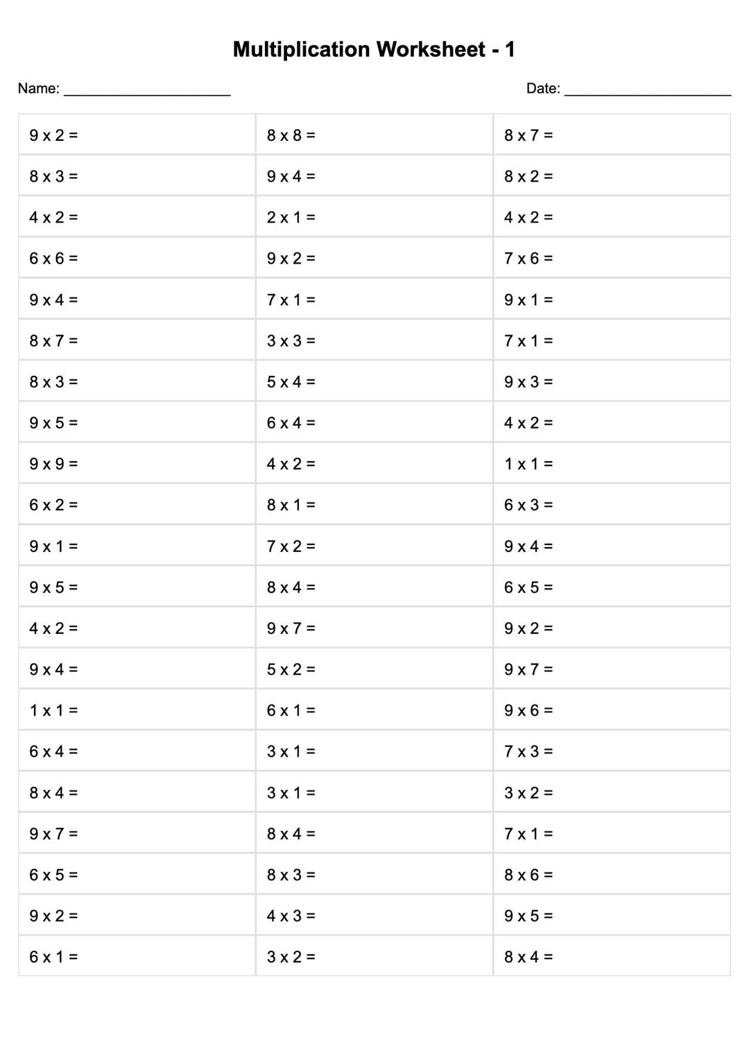 Multiplication Worksheet 1 to 9 Numbers (200 Pages)| Single Digit Math ...