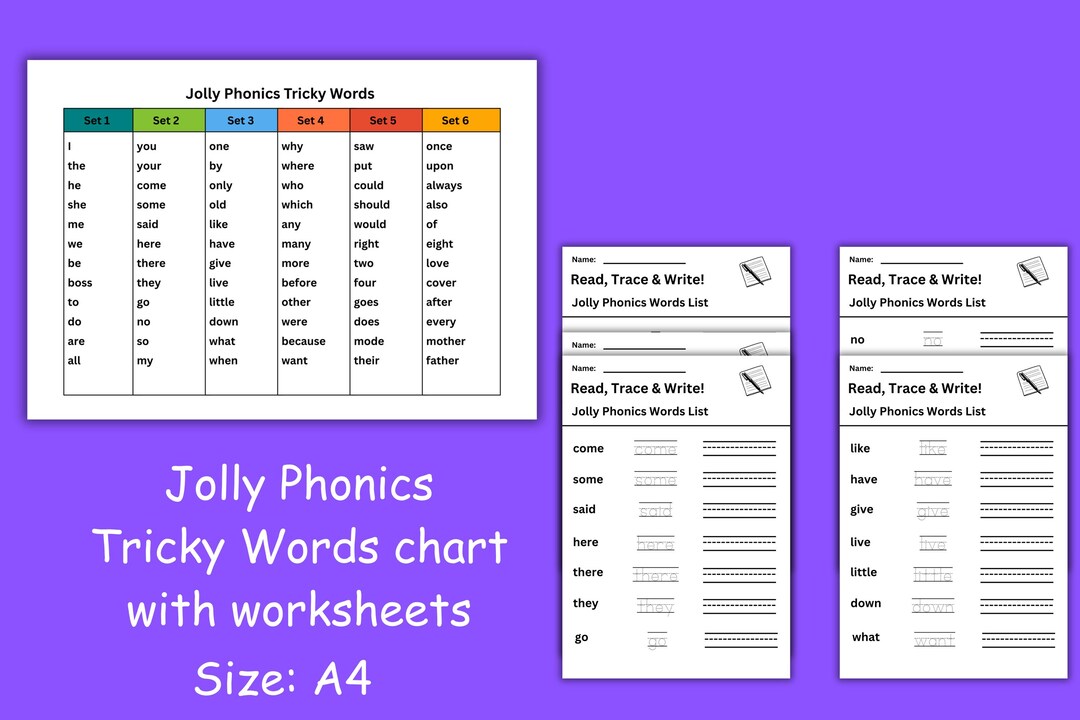 Jolly Phonics Tricky Words Chart and Tracing Worksheet Bundle Set PDF ...