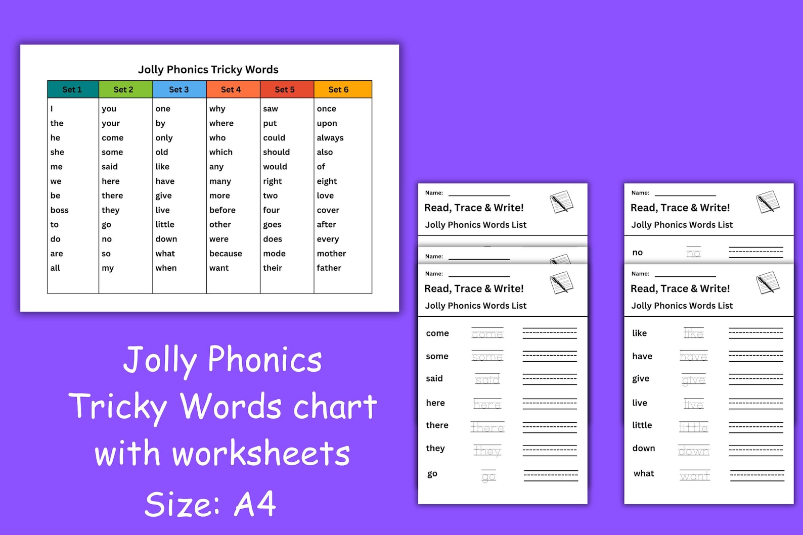 Jolly Phonics Tricky Words Chart and Tracing Worksheet Bundle Set PDF ...