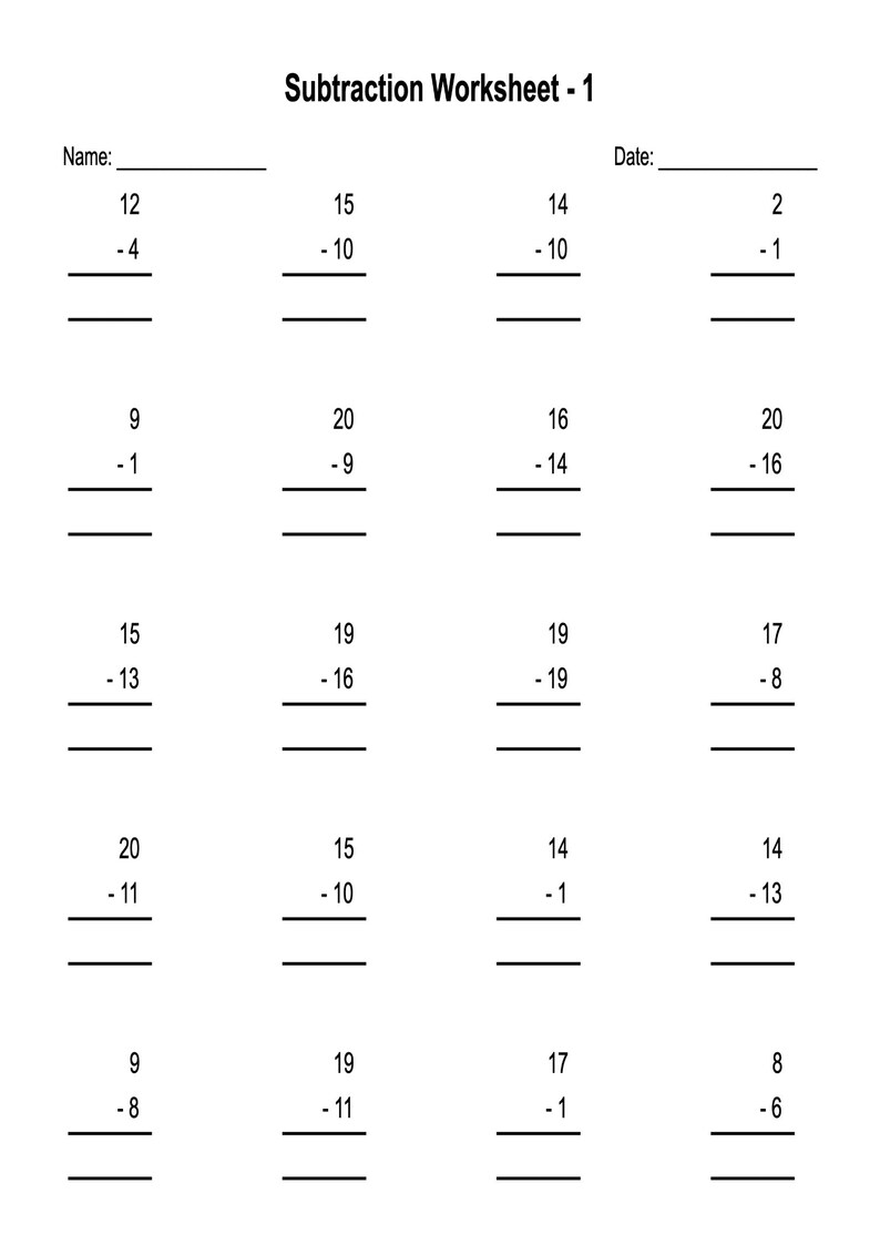 Subtraction Worksheet 1-20 | Single Digit Math, Horizontal & Vertical ...