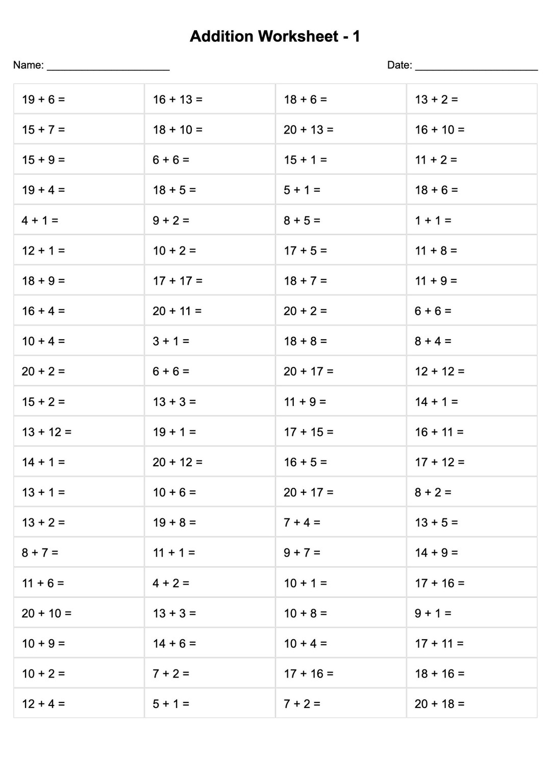 200 Addition Worksheet 1-20 Numbers | 1-20 Digit Add Math Worksheet ...