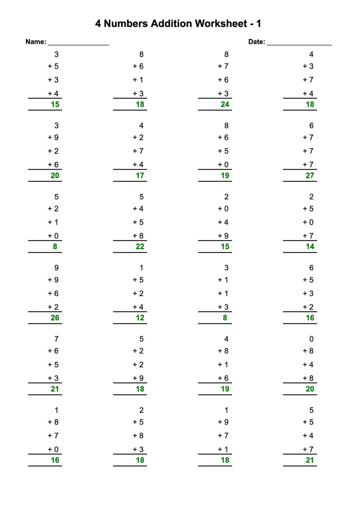 100 Single Digit 4 Numbers Addition Worksheets With Answers PDF Ready ...