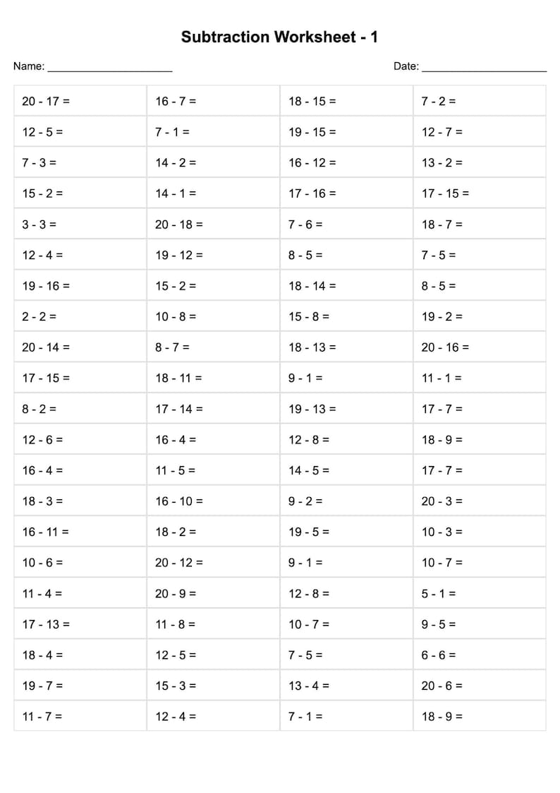 1 to 20 Numbers Subtraction Worksheet (200 Pages) | Single Digit Math ...