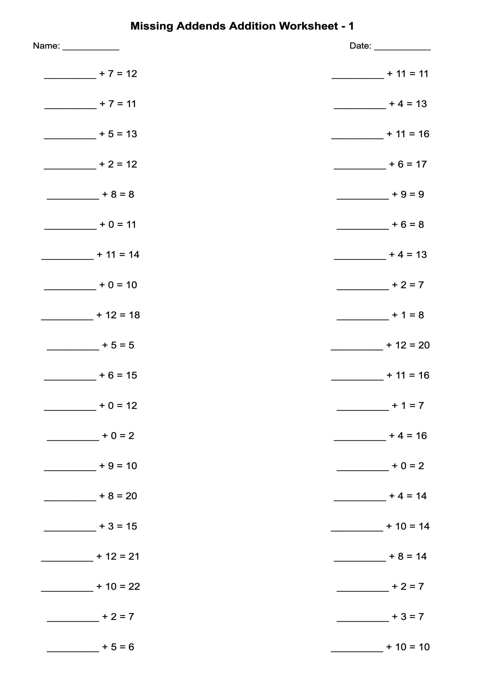 100 Missing Addend Worksheets Grade 1 2 | 0-12 Fill the Missing Addend ...