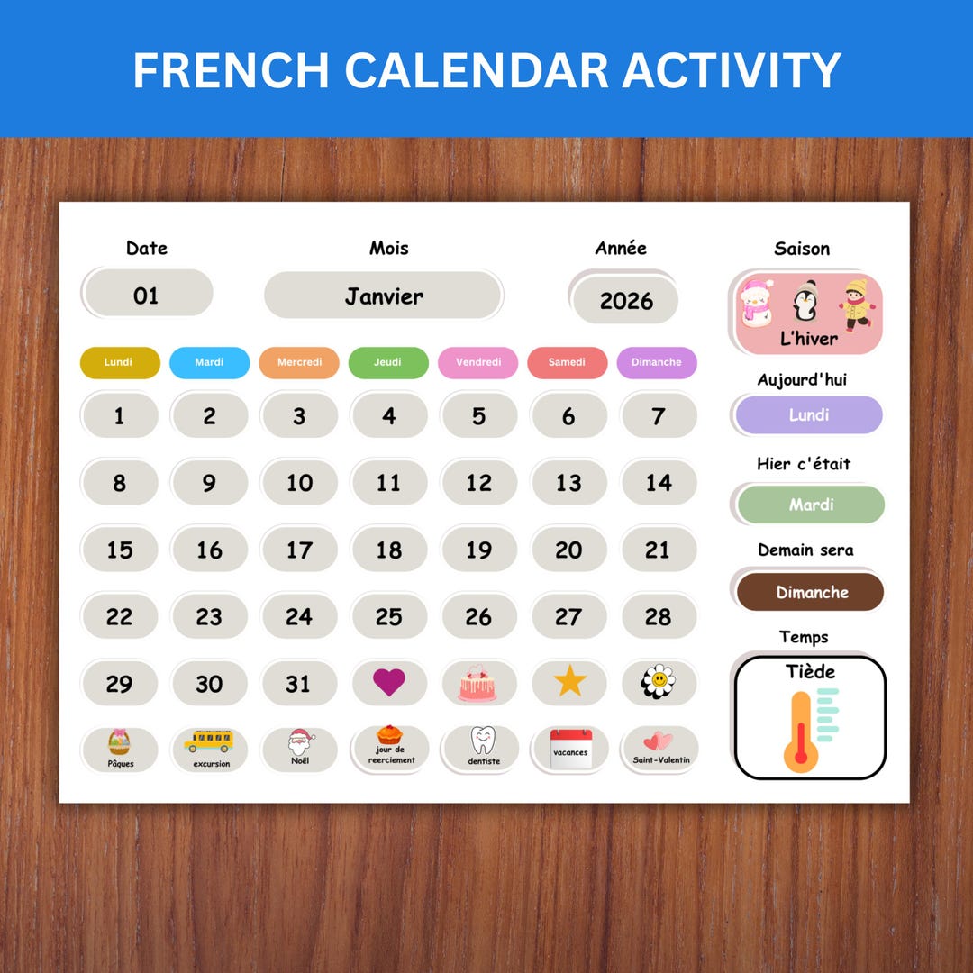 Editable French Kids Calendar: Printable Toddler Learning, Preschool ...