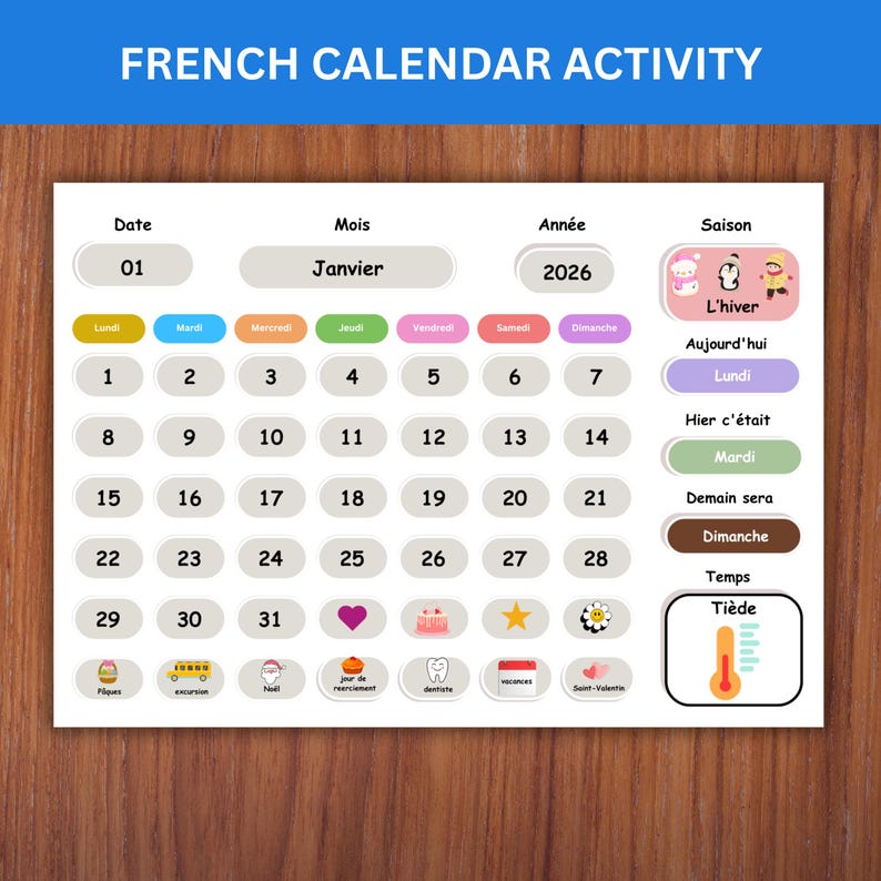 Editable French Kids Calendar: Printable Toddler Learning, Preschool ...