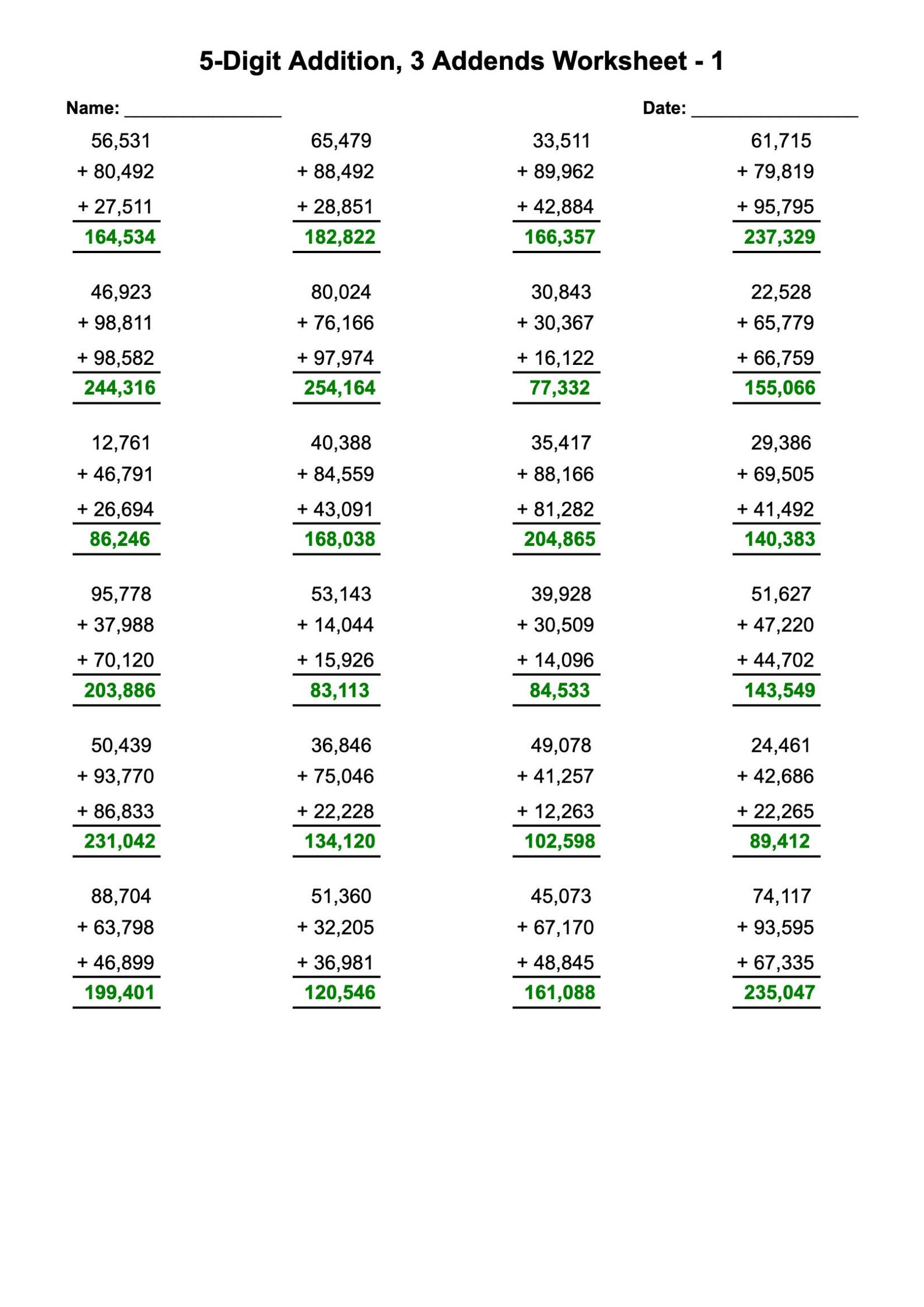 100 5-digit Addition Worksheets With 3 Addends With Answers PDF Instant ...