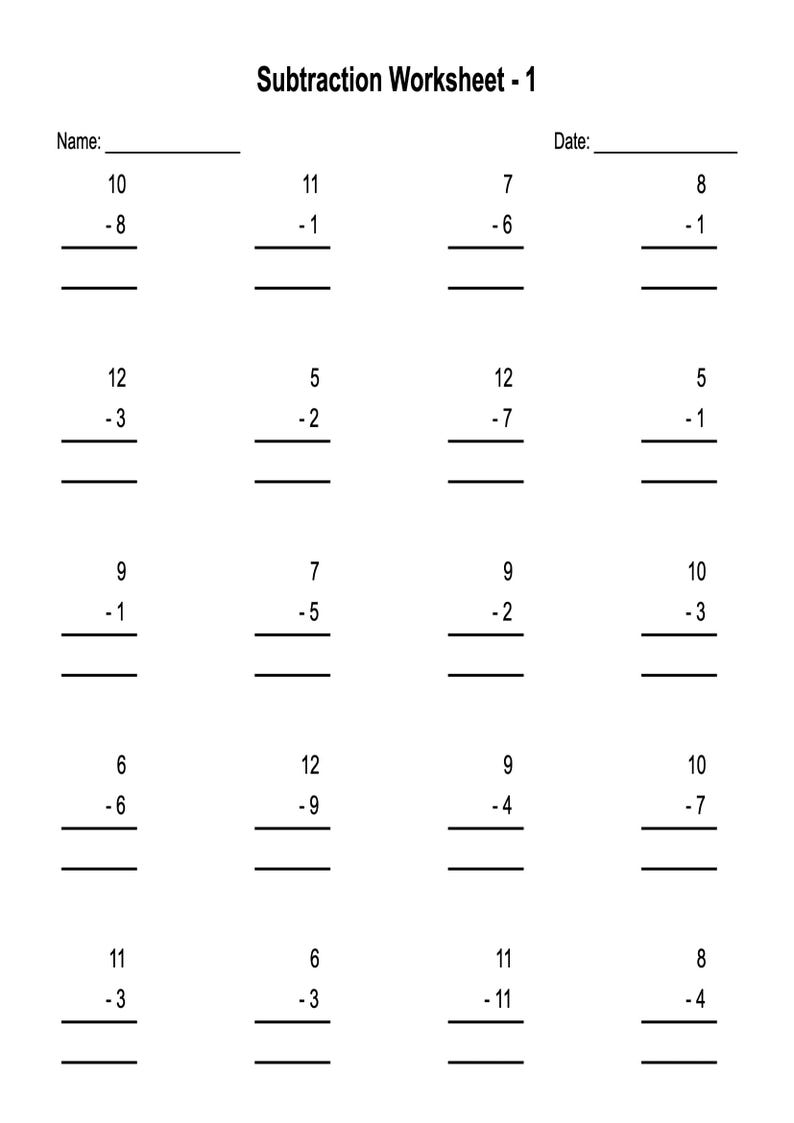 Subtraction Worksheet 1-12 Numbers (200 Pages) | Single Digit Add Math ...