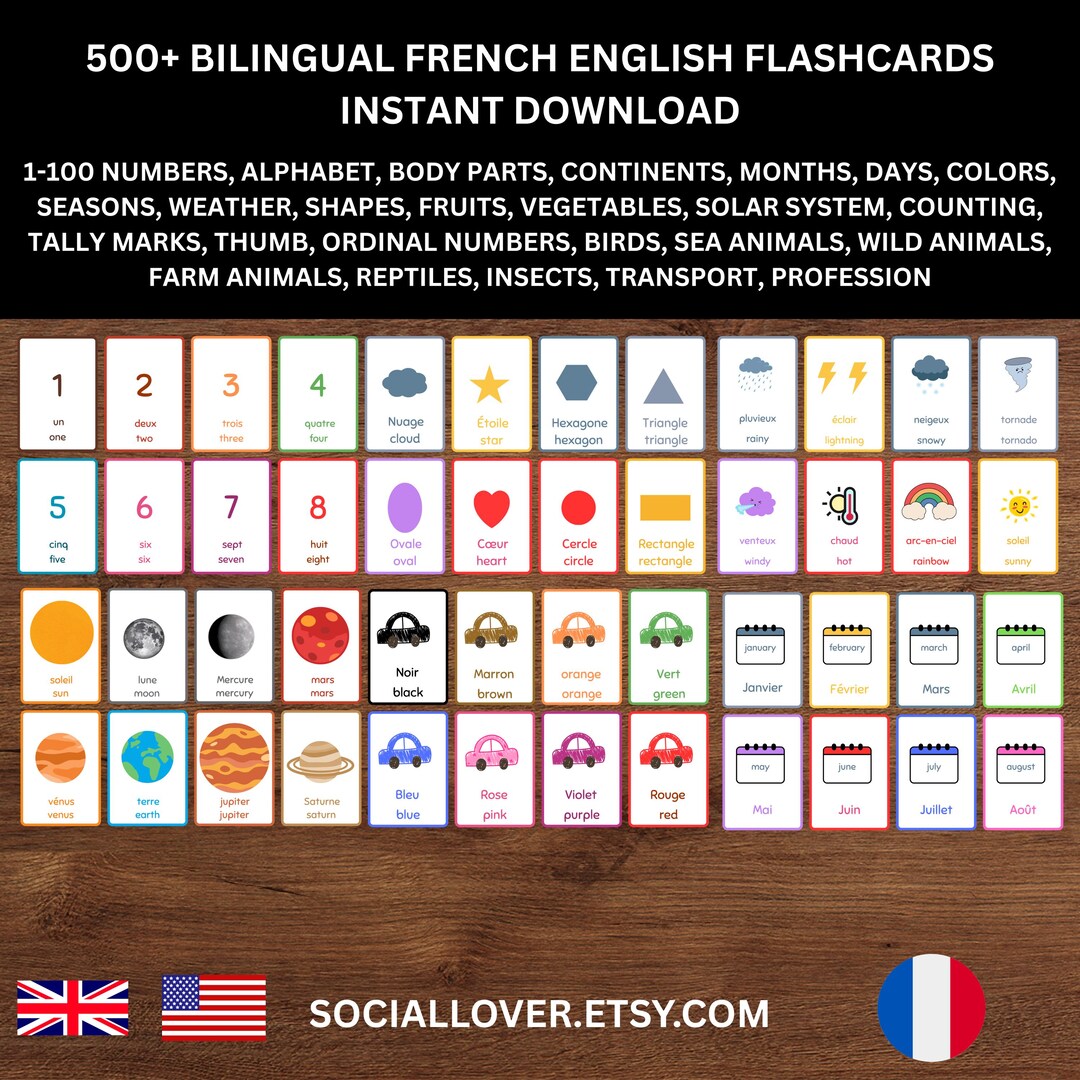 500+ Bilingual French English Flashcards (français) Bundle Set Instant ...