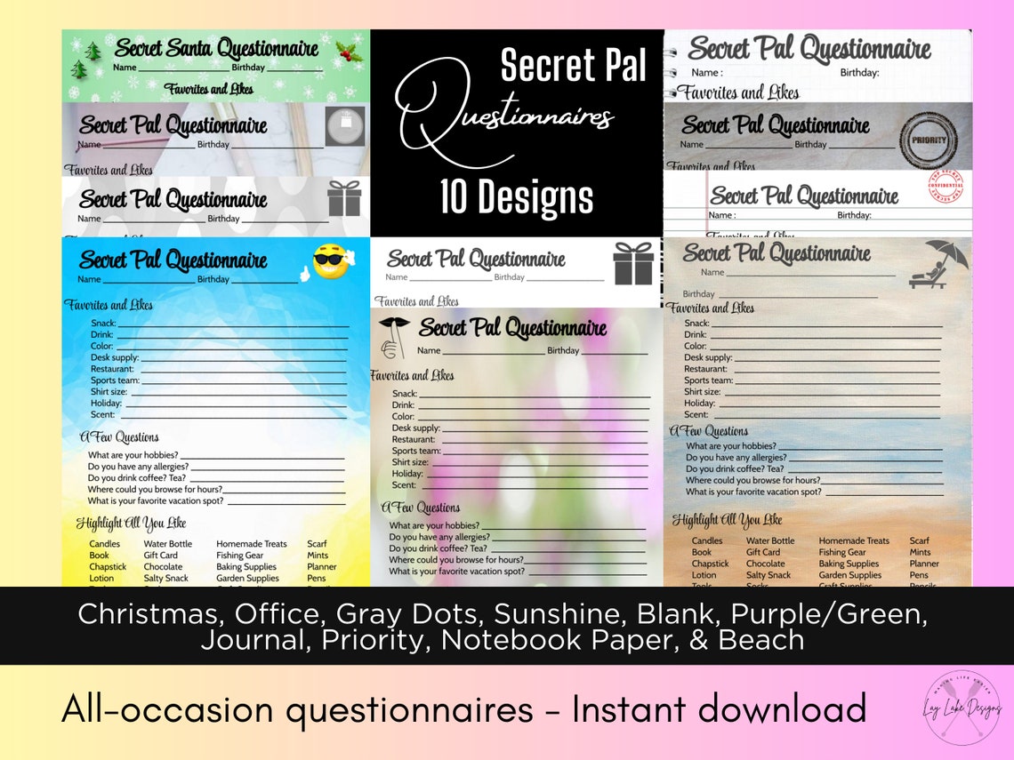 Secret Pal Questionnaire ~ 10 Question Sheets for Secret Santa, Teacher ...