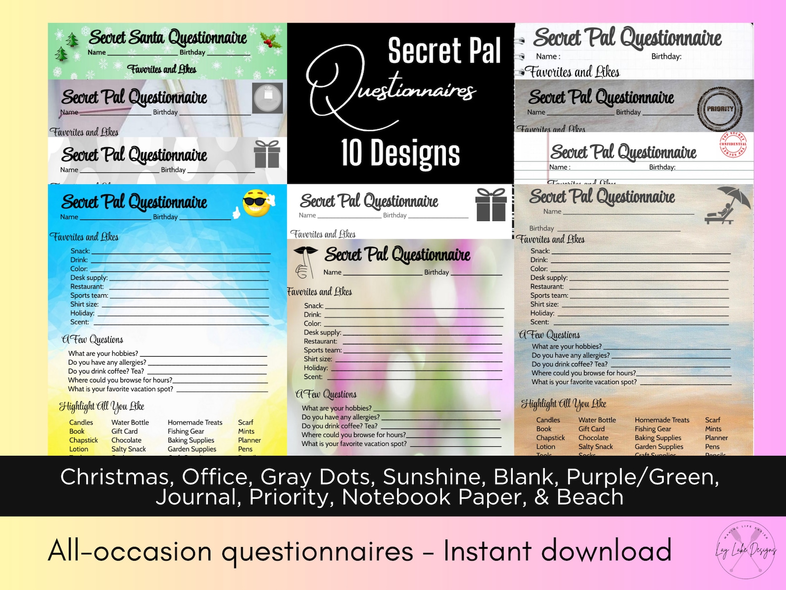 Secret Pal Questionnaire ~ 10 Question Sheets for Secret Santa, Teacher ...