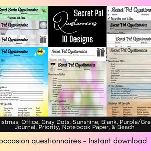 Secret Pal Questionnaire ~ 10 Question Sheets for Secret Santa, Teacher ...